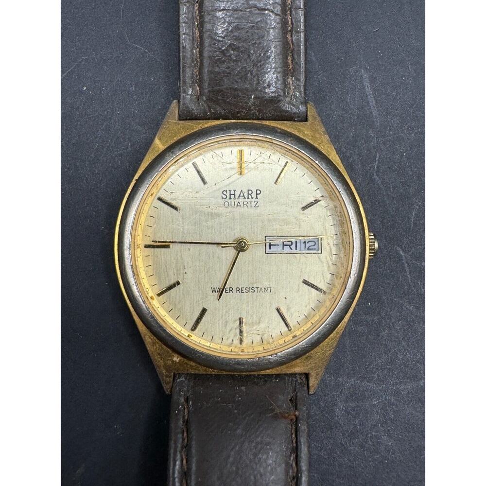 Vintage Sharp 277193 Men’s Gold Tone Day Date Quartz … - Gem